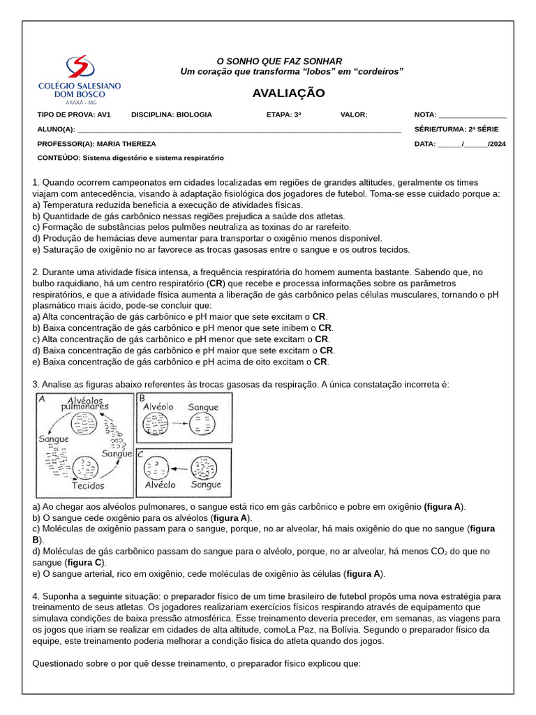 Av1 Biologia 3º Etapa 2º Ano - Sist. Respiratório e Digestório | PDF