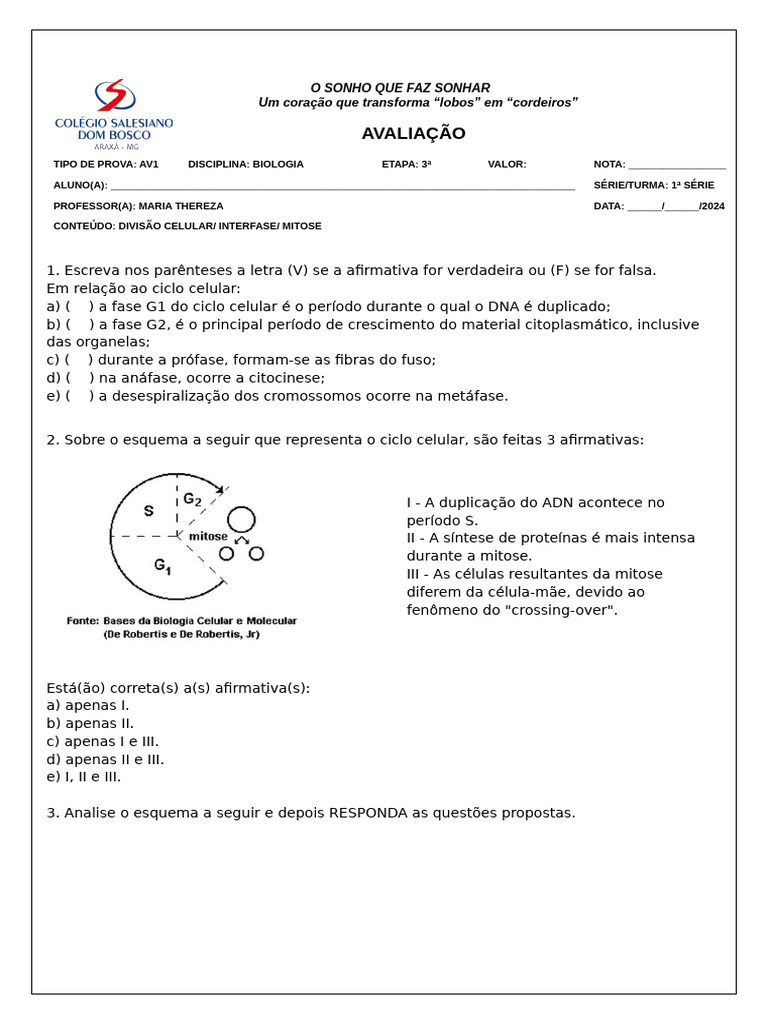 Av1 - Biologia 1º Ano 3 Etapa - Mitose | PDF