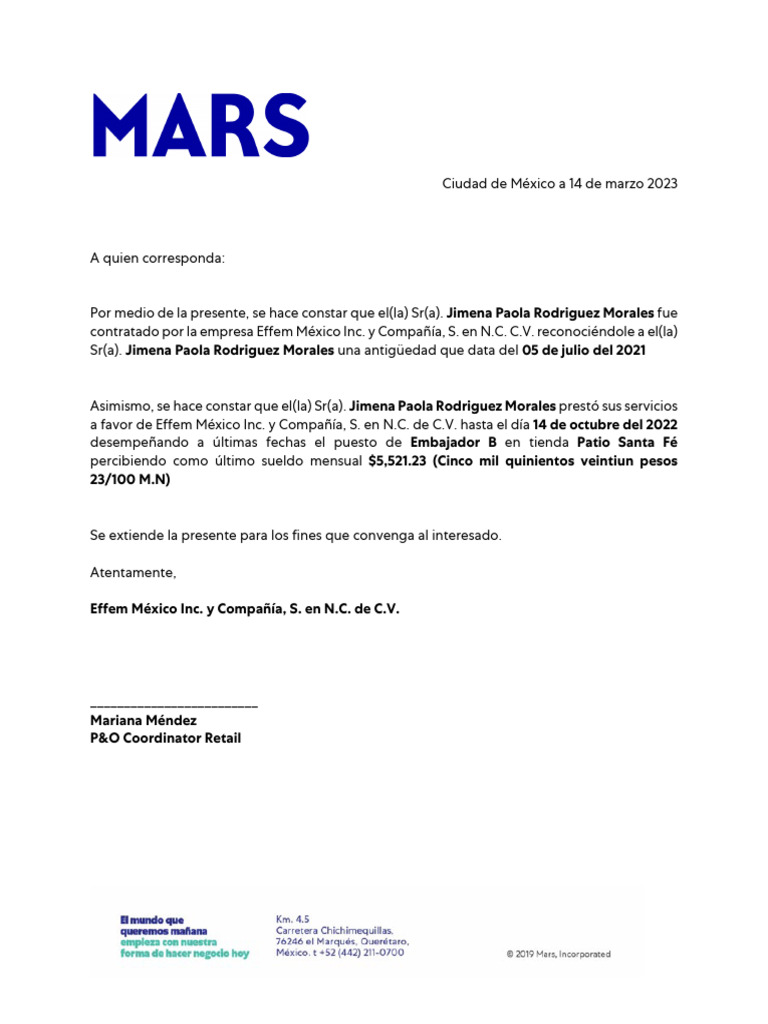 Constancia Laboral EFFEM MX - Jimena | PDF | Finanzas y administración del dinero