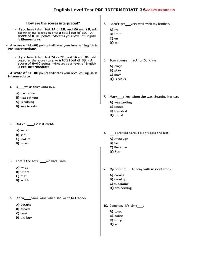 English Level Test A2 | PDF