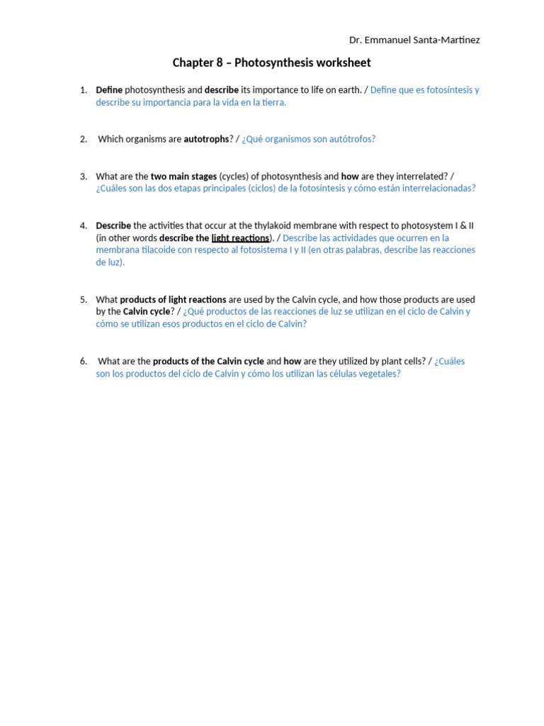 Photosynthesis Worksheet | PDF
