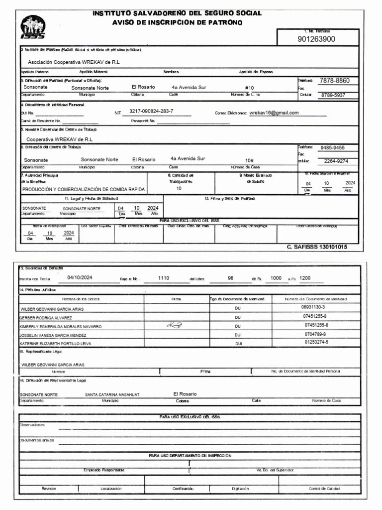 FORMULARIO DE INSCRIPCION PATRONAL AL ISSS (Realizado) | PDF
