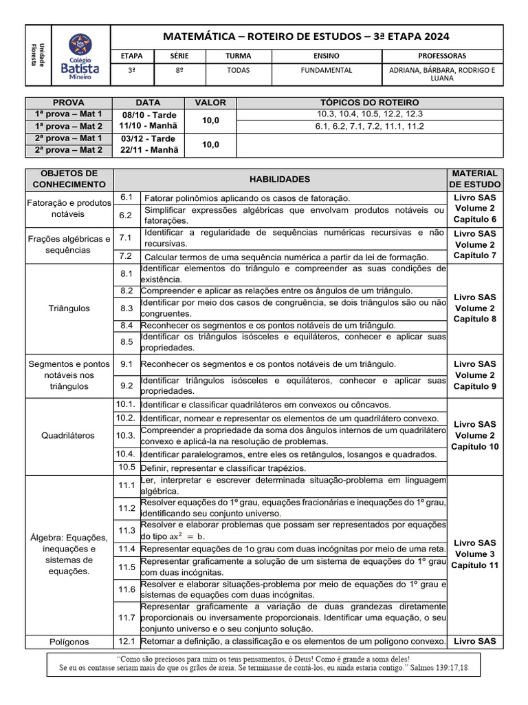 MATEMÁTICA 8o Ano - Roteiro de Estudos - 3a Etapa - 2024 | PDF