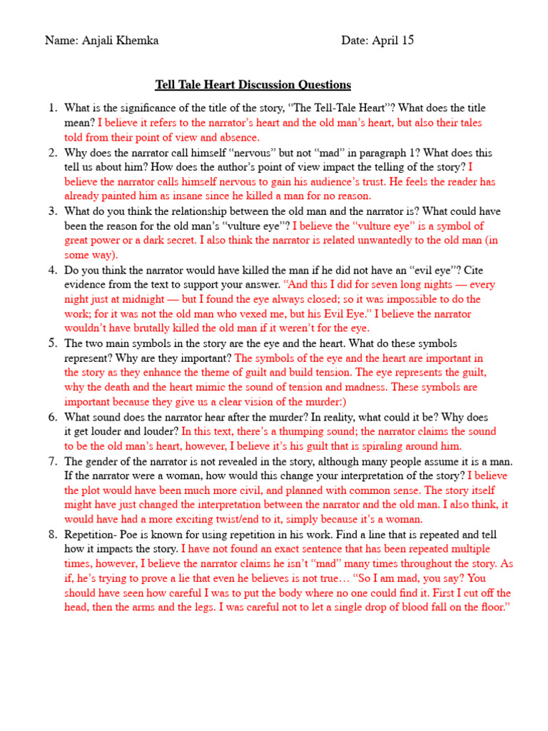 Tell Tale Heart Questions | PDF