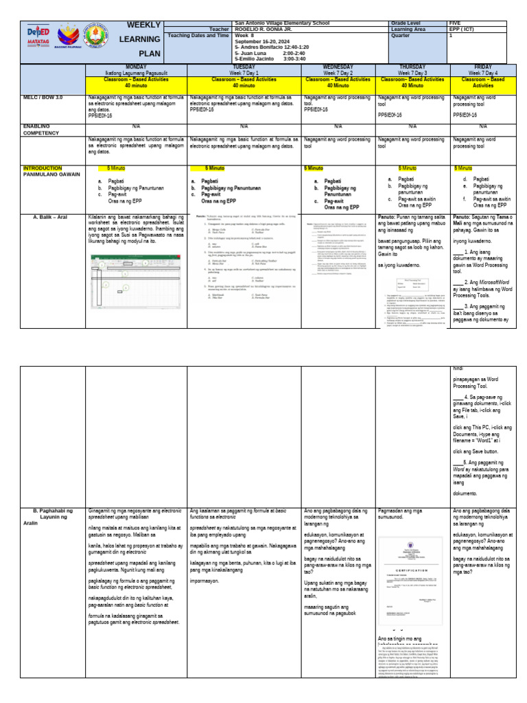 DLL Q1 W8 Epp Ict 5 Sep 16 | PDF | Spreadsheet Software | Computer Science