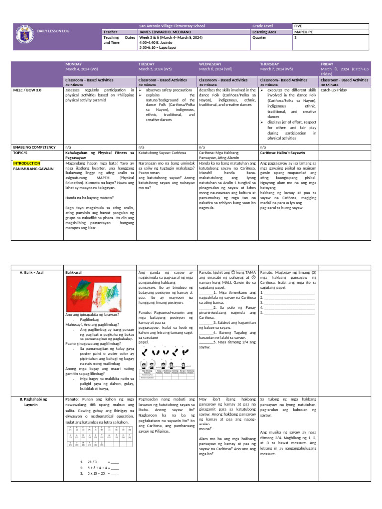 DLL Q3 W5 W6 Mapeh Pe 5 | PDF | Philippines | Dances