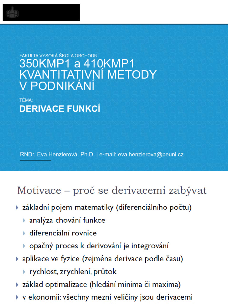 Matematika - Přednáška 2 - Derivace Funkcí | PDF