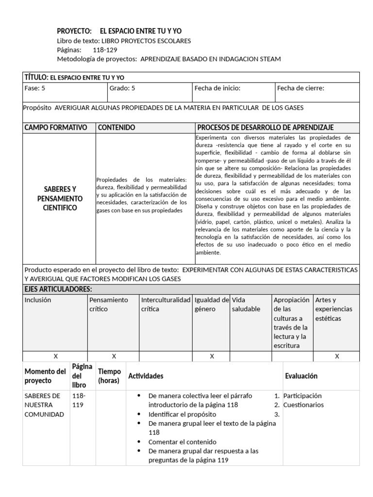 Proyecto Saberes El Espacio Entre Tu y Yo | PDF