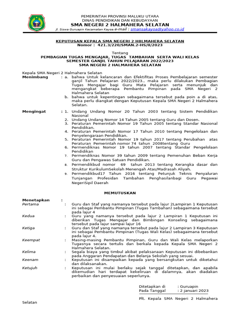 SK Pembagian Tugas Semester Genap 2022-2023 | PDF