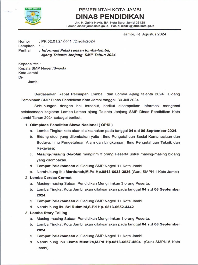 Informasi Lomba Ajang Talenta Jenjang SMP 2024 | PDF