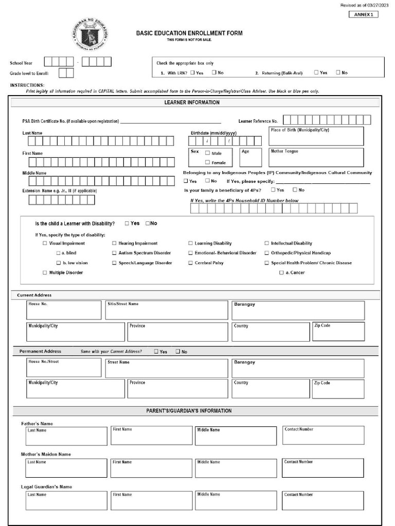 Annex Basic Education Enrollment Form | PDF
