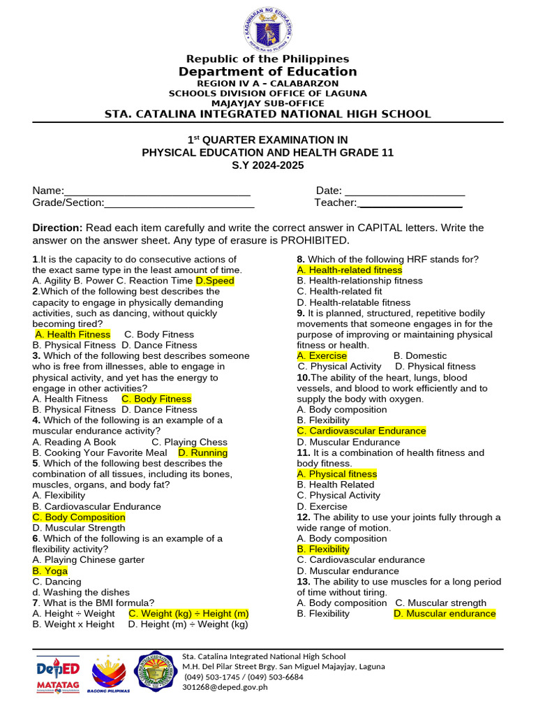 Q1-Pe 11 Exam | PDF