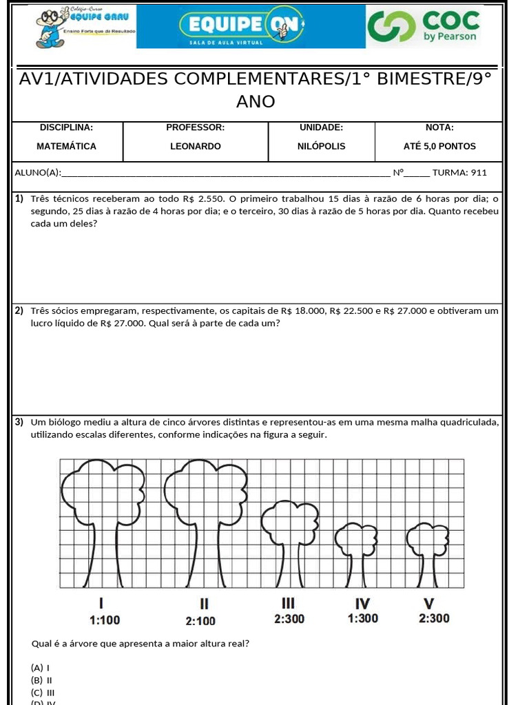 Trabalho de Av1 - 1 Bim - 9 Ano - Nilópolis | PDF
