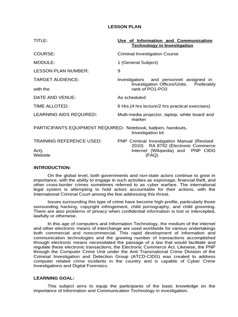 Lesson Plan Use of Information & Comm Inves | PDF | Computer Forensics ...