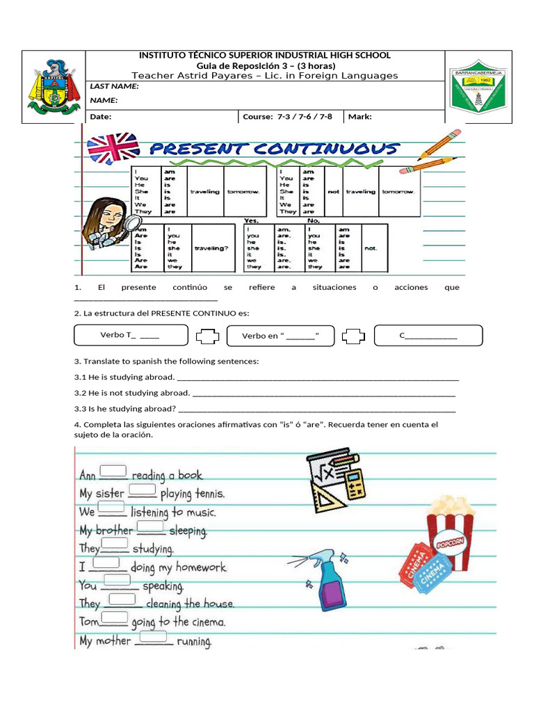 Guía Reposición 3 Horas Presente Continuo | PDF