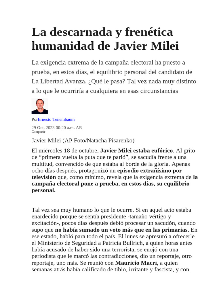 La Descarnada y Frenética Humanidad de Javier Milei | PDF