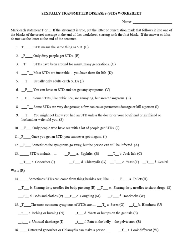 Sexually Transmitted Diseases (STD) Worksheet | PDF