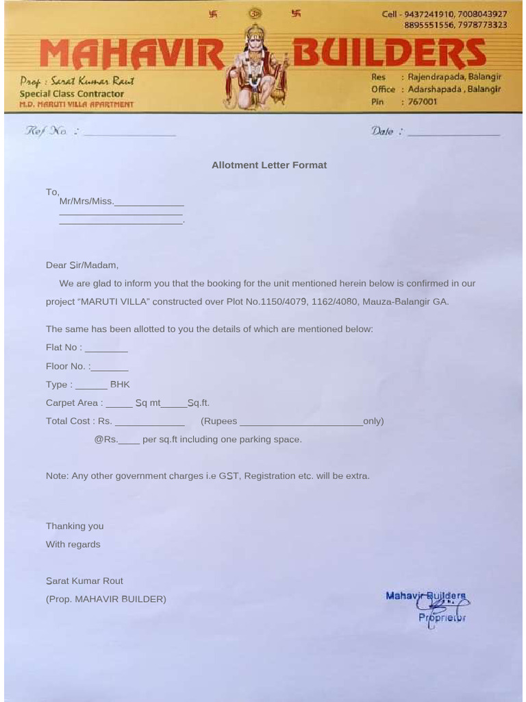 Allotment Letter Format: Thanking You With Regards | PDF | Finance ...