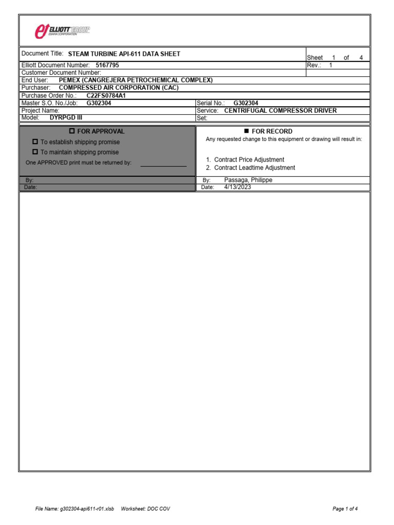 Steam Turbine Api-611 Data Sheet 5167795 Pemex (Cangrejera Petrochemical Complex) Compressed Air ...