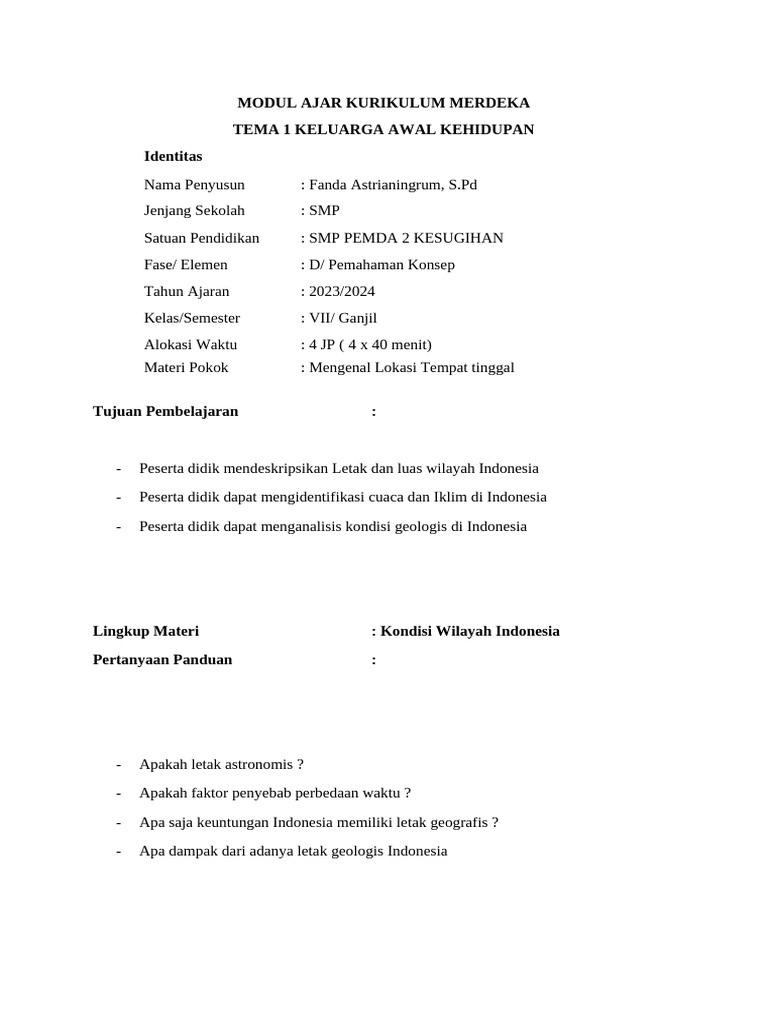 Modul Ajar IPS 7 TEMA 01 B. Mengenal Lokasi Tempat Tinggal Lokasi Geo | PDF