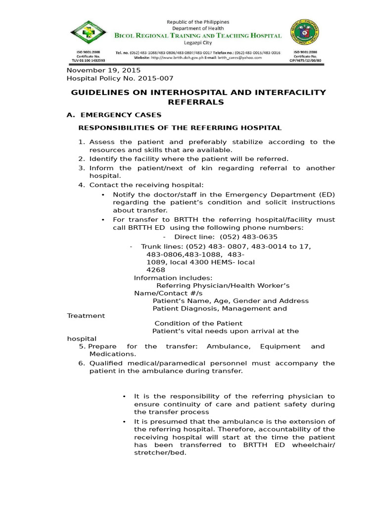 Guideline for Interhospital and Interfacility Referrals | PDF