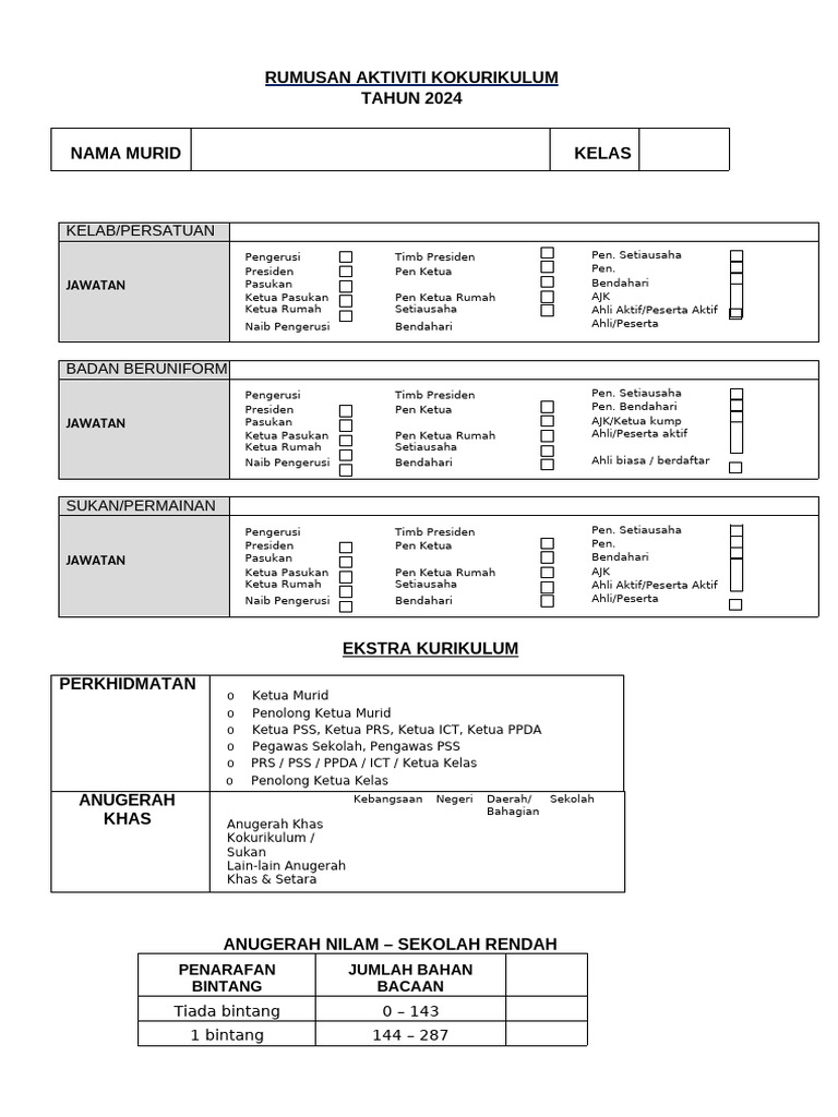 Borang Rumusan Aktiviti Kokurikulum | PDF