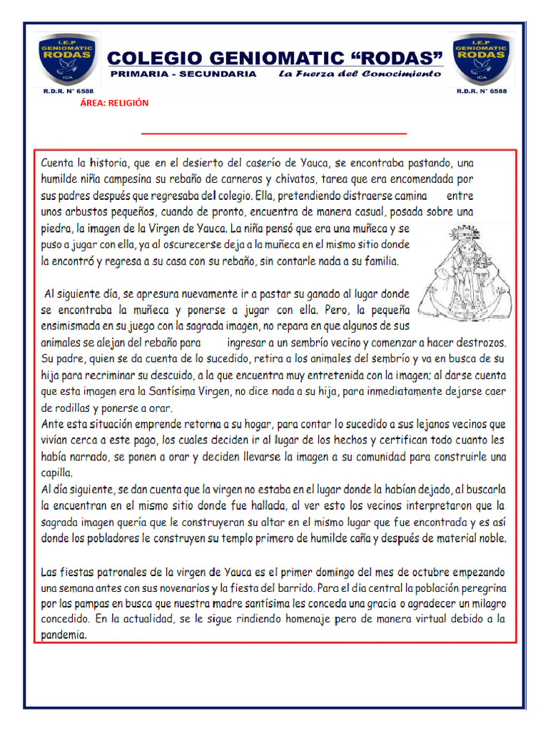 Ficha Historia de La Virgen de Yauca-1 | PDF