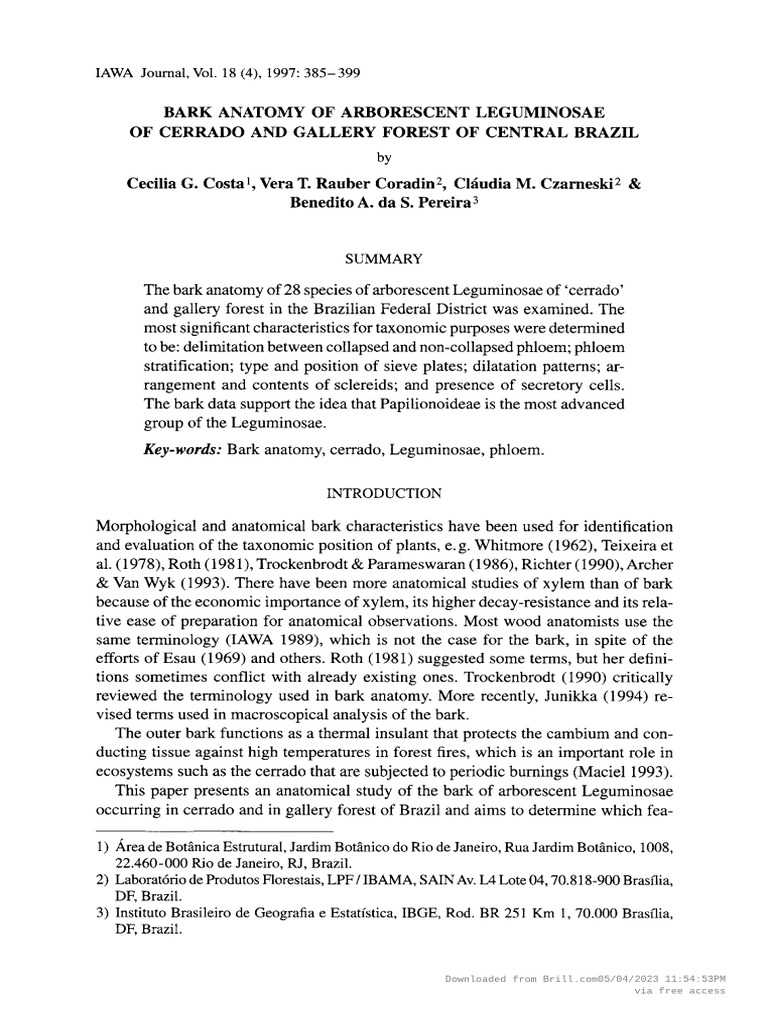 Bark Anatomy of Arborescent Leguminosae of Cerrado and Gallery Forest of Central Brazil | PDF