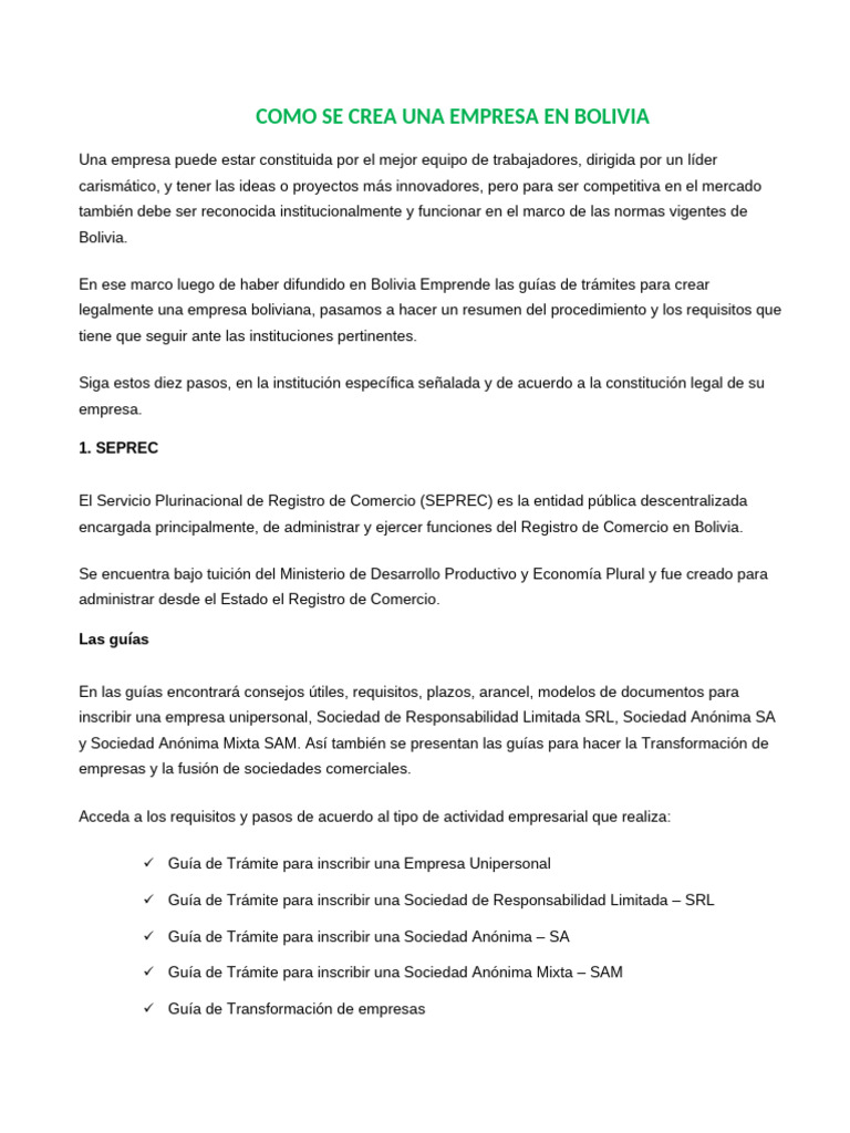 Como Se Crea Una Empresa en Bolivia | PDF Como Se Crea Una Empresa en Bolivia | PDF