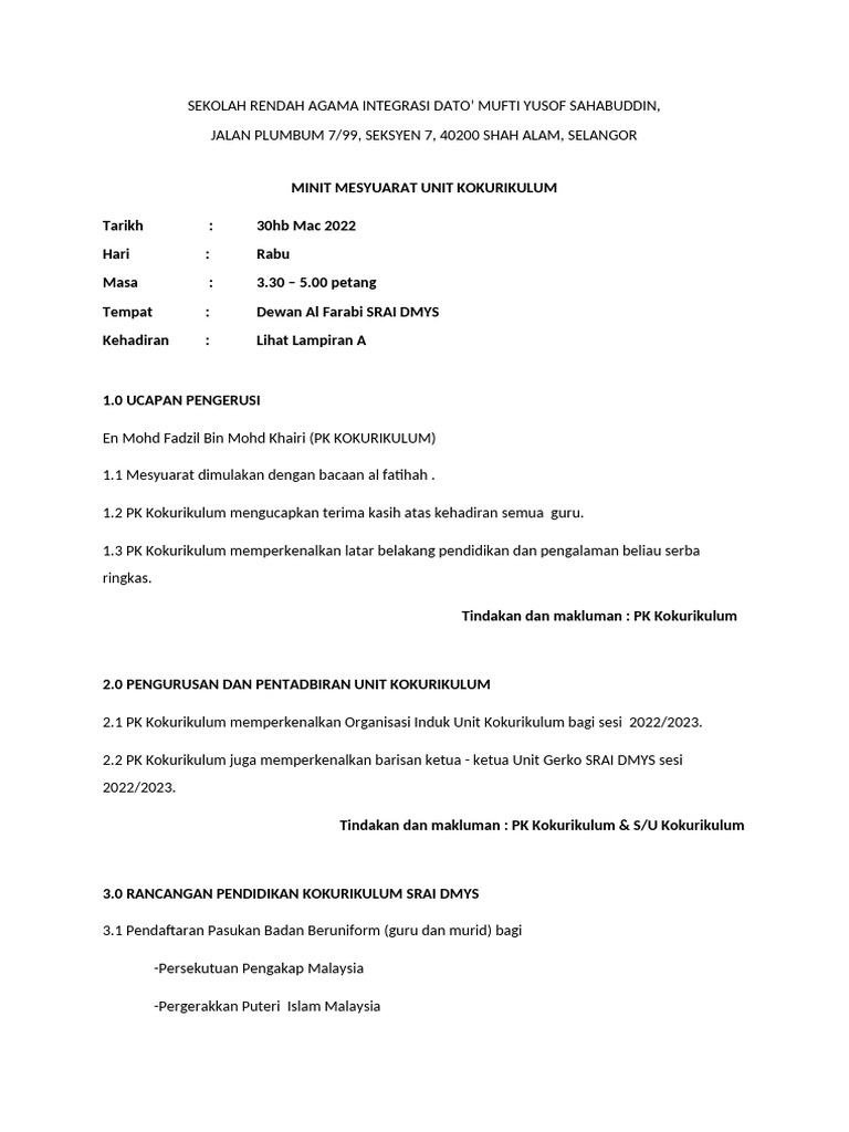 Minit Mesyuarat Koko Kali 1 2022 | PDF