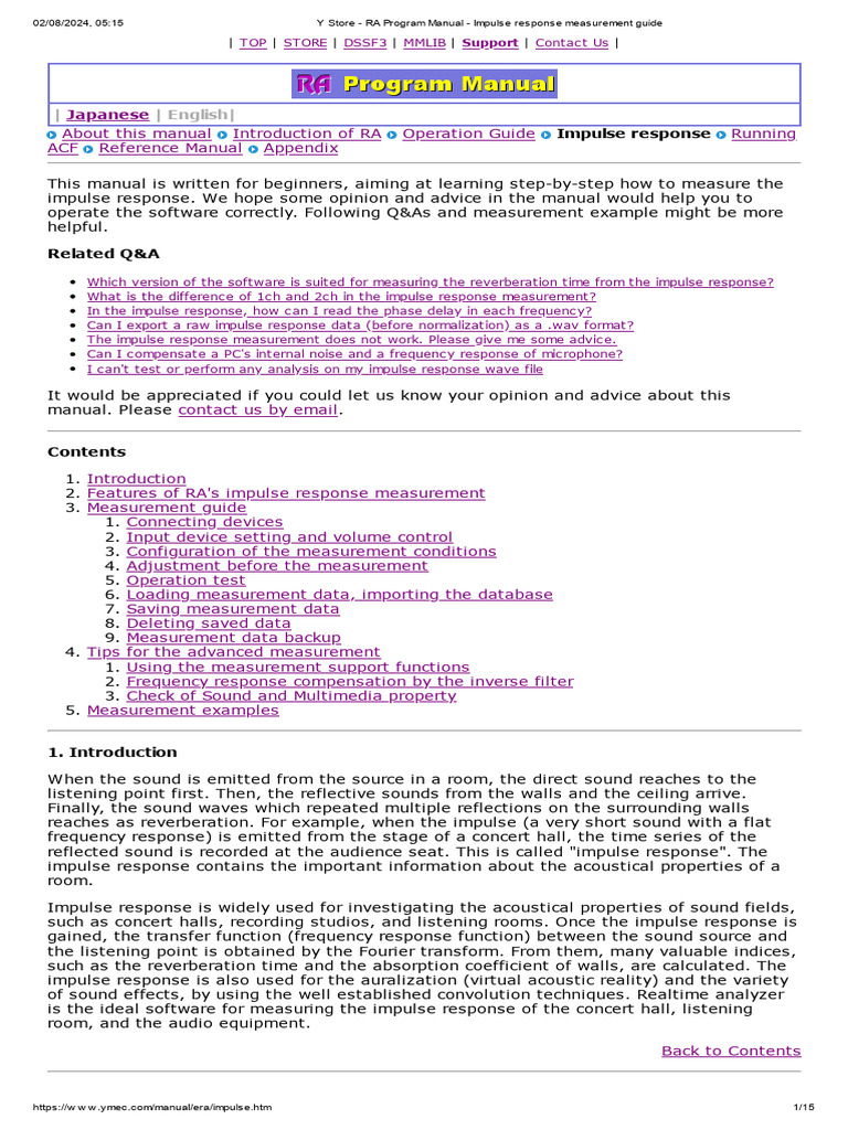Y Store - RA Program Manual - Impulse Response Measurement Guide | PDF