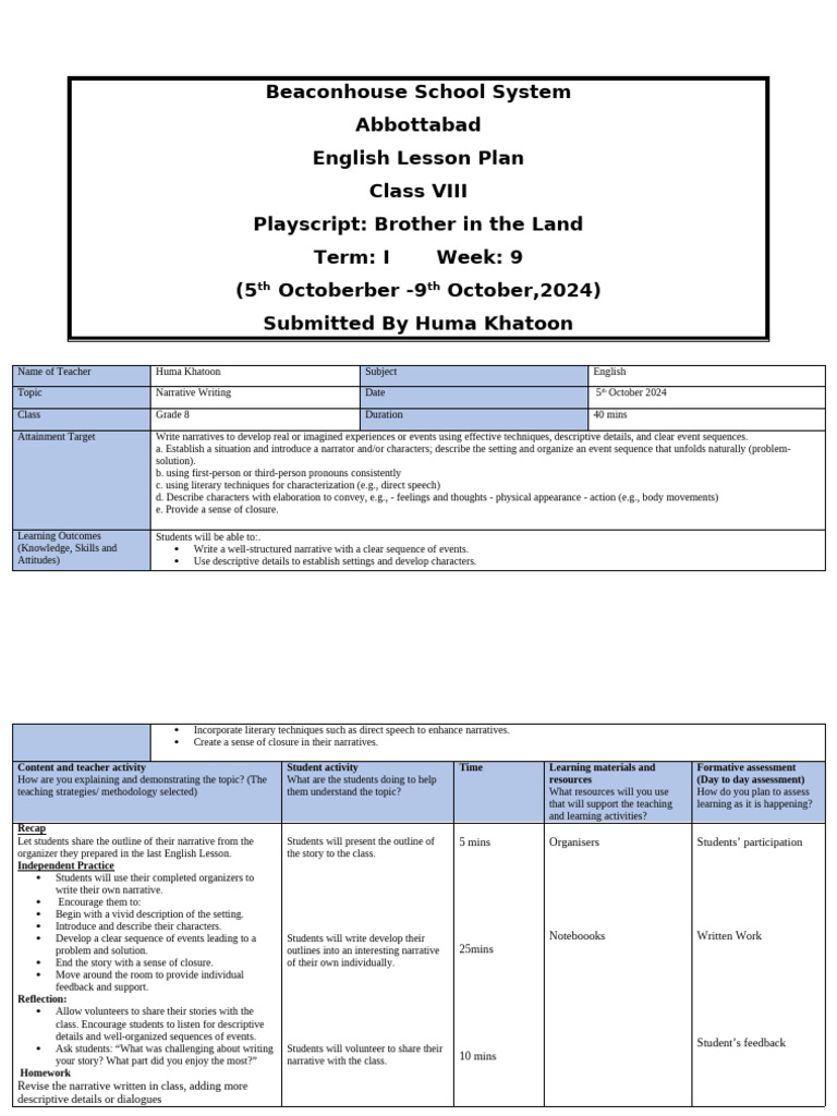 Grade 8 English Lesson Plans Overview | PDF | Punctuation | Poetry