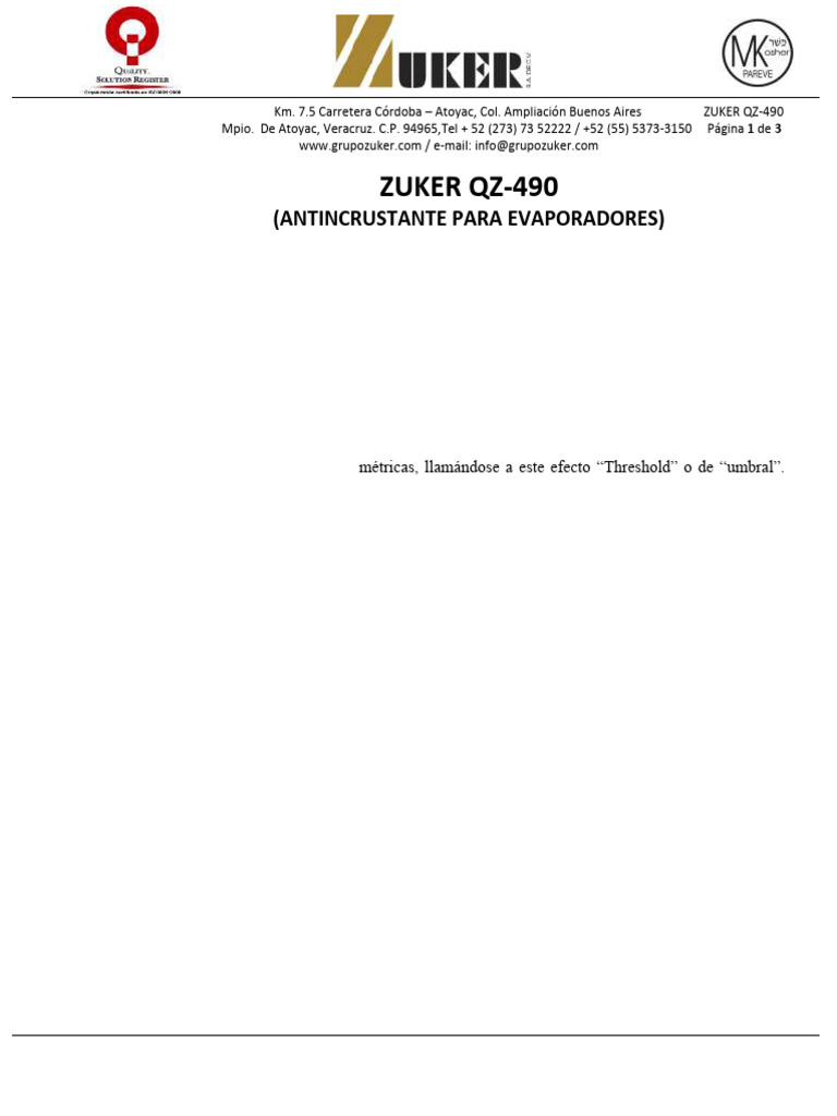 ZUKER QZ 490 Antincrustante Evaporador | PDF