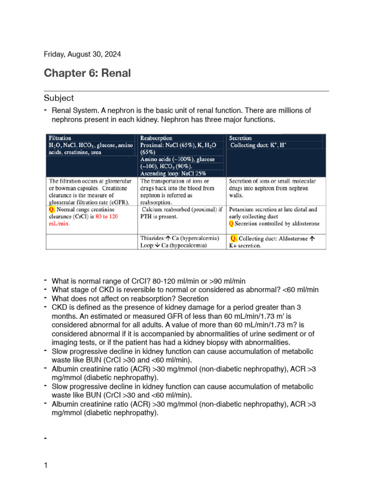 Chapter 6 Renal Notes | PDF