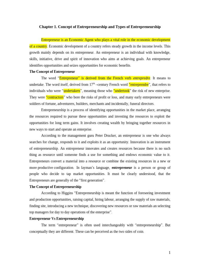 Chapter 1. Concept of Entrepreneurship and Types of Entrepreneurship | PDF