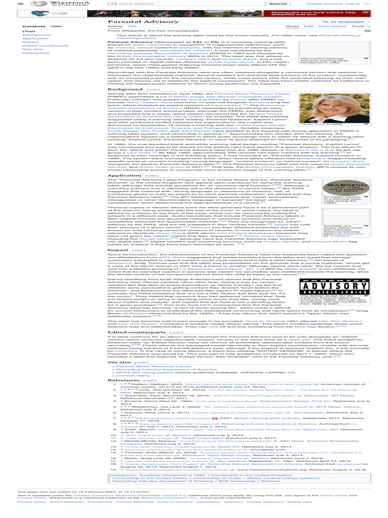 Parental Advisory - Wikipedia | PDF | Mass Media