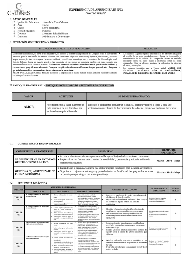 EXPERIENCIA DE APRENDIZAJE Unit 1 (3ero) | PDF