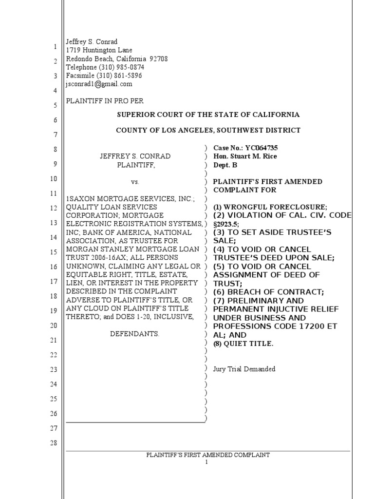 Jsc First Amended Complaint for Wrongful Foreclosure | Foreclosure ...