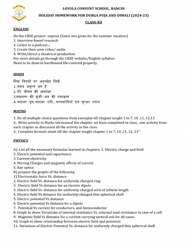 HHW For Durga Puja and Deepawali Class XII 2024-2025 | PDF