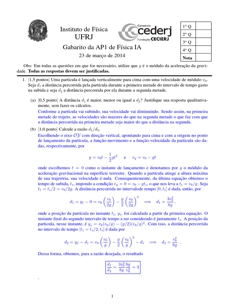 AP1-F1A-2014-1 Gabarito | PDF