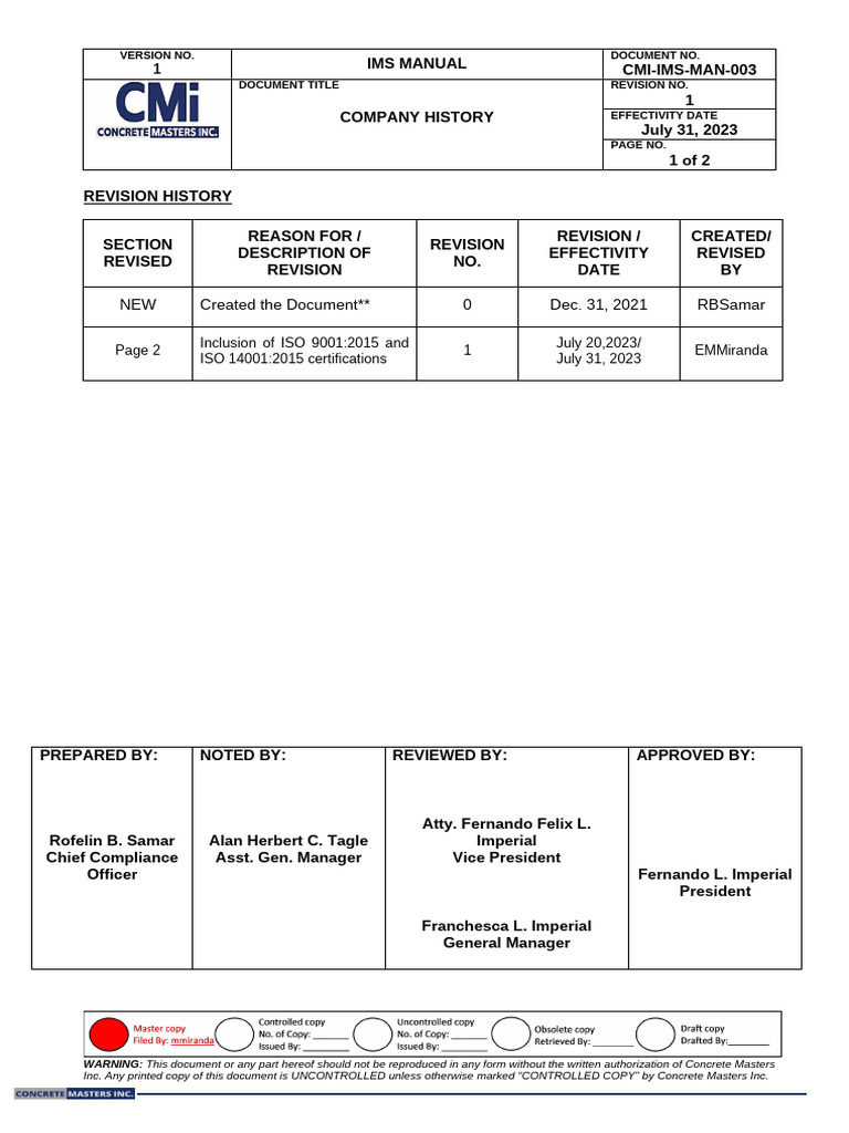 CMI-IMS-MAN-003 Rev 1 Company History | PDF