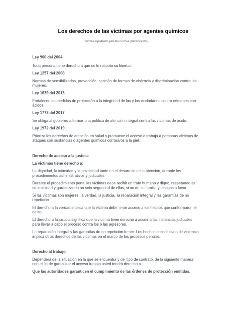 Derechos de Las Virimas Afectadas Con Agentes Corrosivos en La Piel | PDF