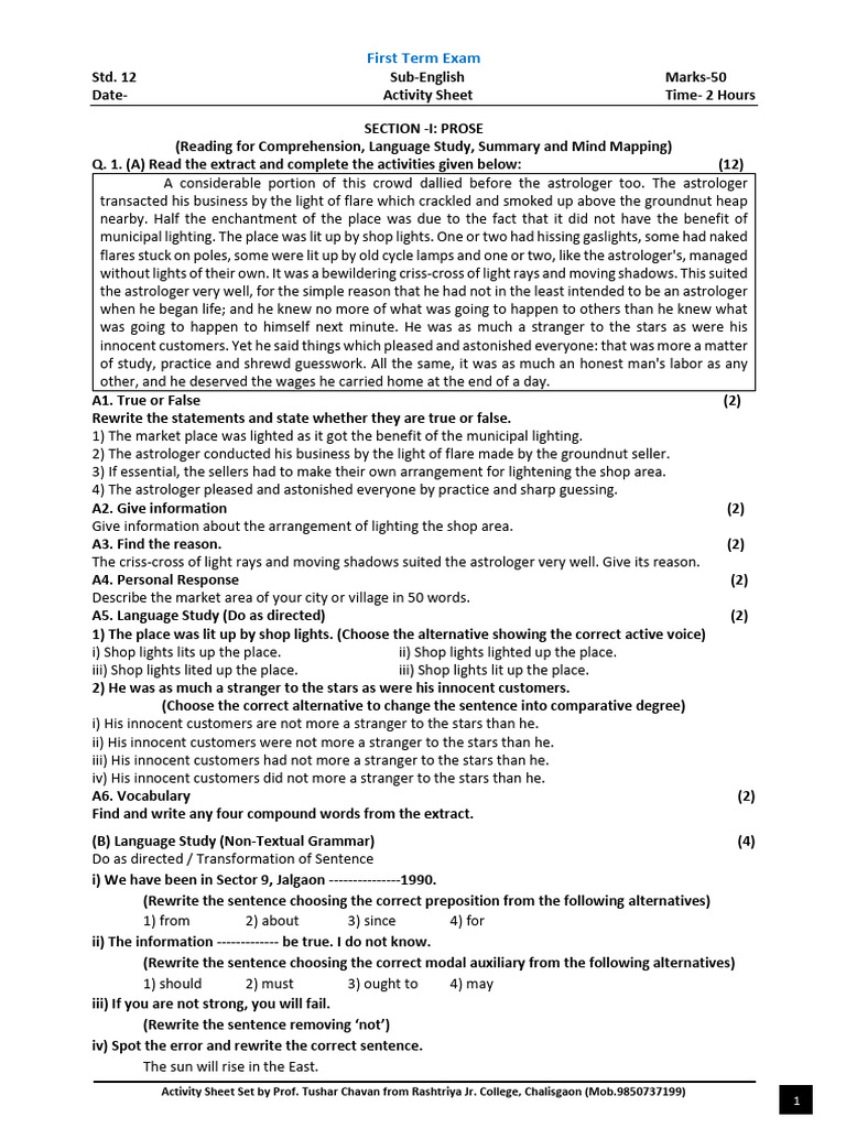 Std. XII English First Term Activity Sheet by Prof. Tushar Chavan Practice Paper 2 | PDF