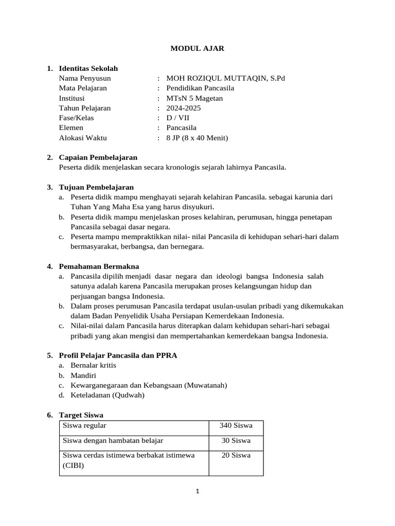 Modul Ajar - Pendidikan Pancasila KLS 7 SMT 1 (Bab 1) | PDF