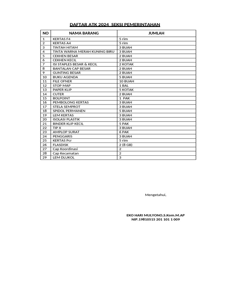 Daftar Atk 2024 Seksi Pemerintahan | PDF