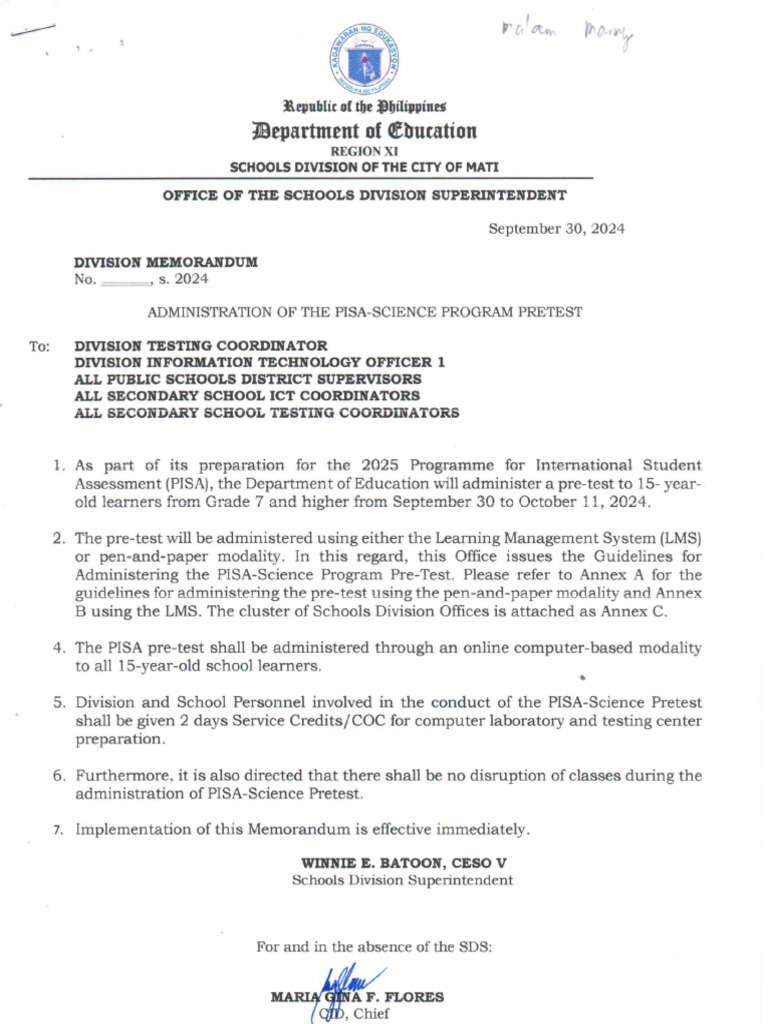 Memo PISA Pretest Science | PDF