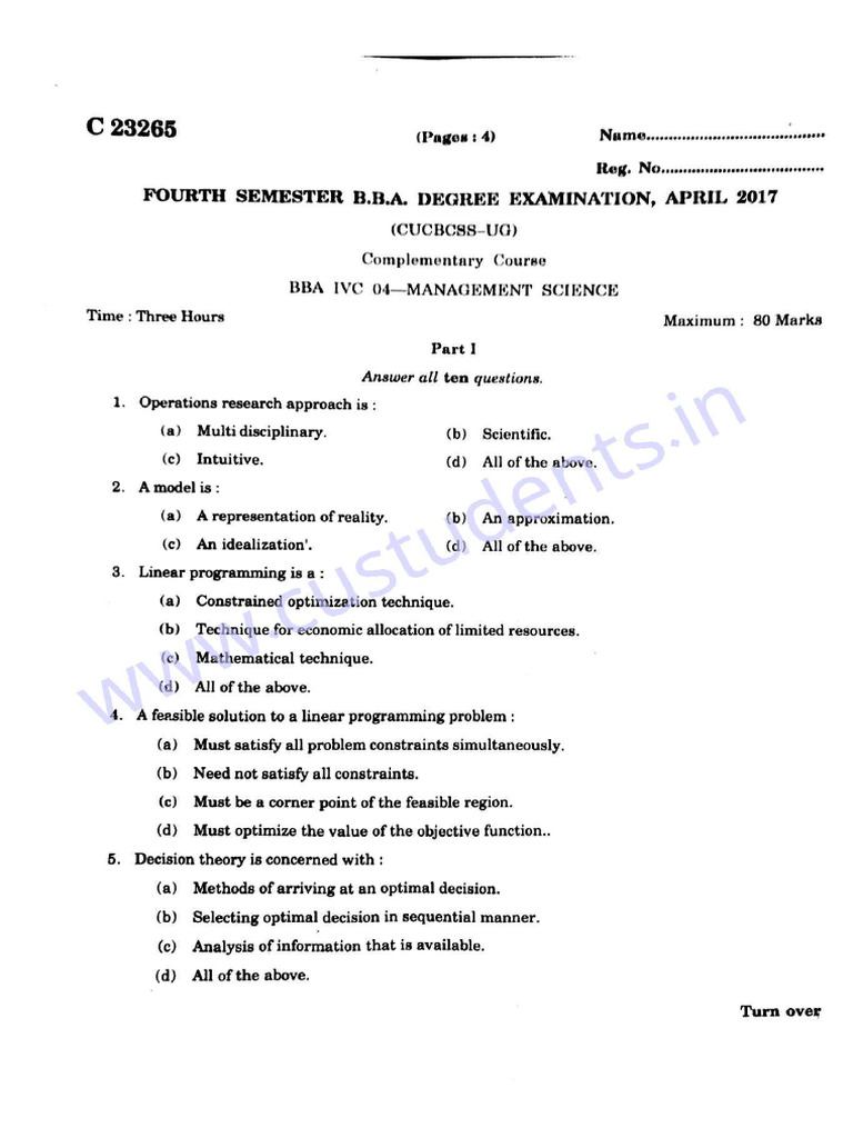 Management Science Question Paper | PDF