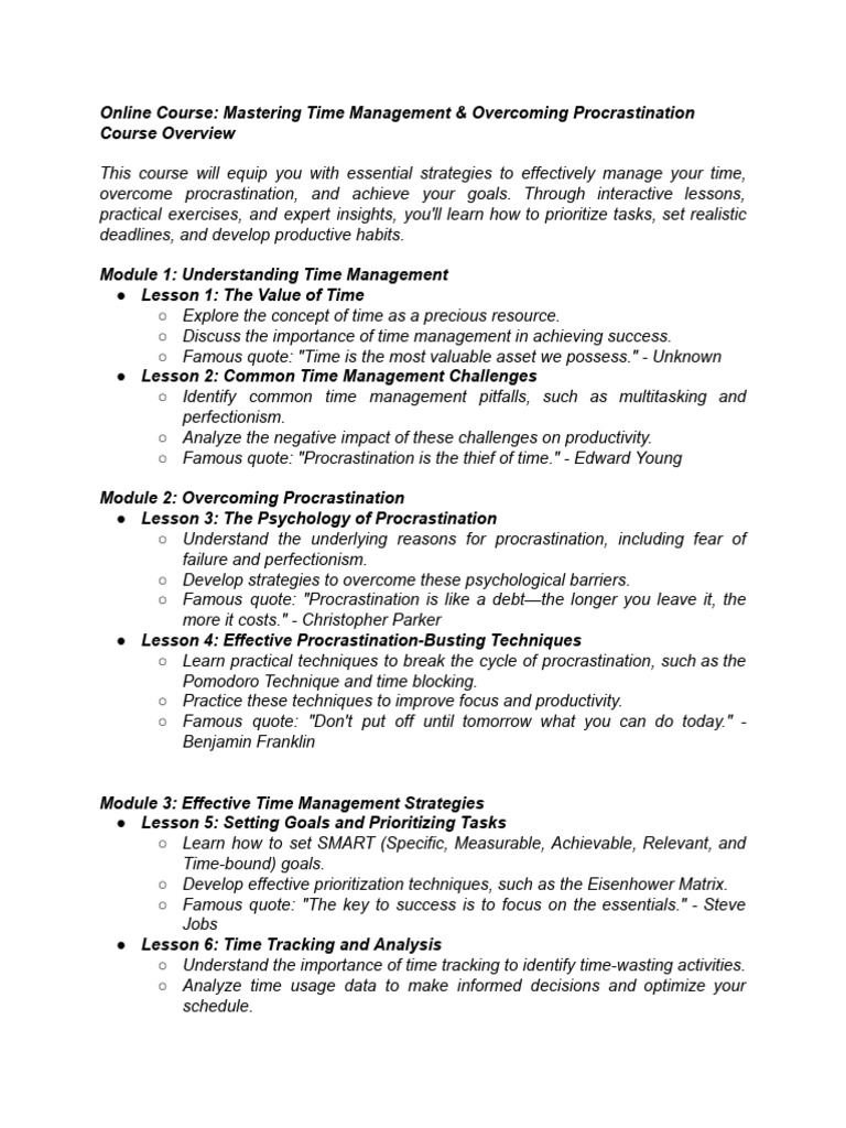 Mastering Time Management & Overcoming Procrastination Course | PDF ... Mastering Time Management & Overcoming Procrastination Course | PDF ...