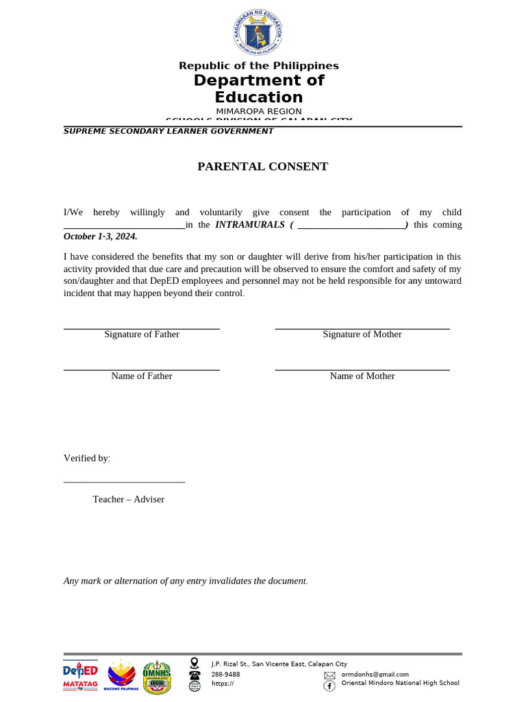 Parental Consent Intrams | PDF