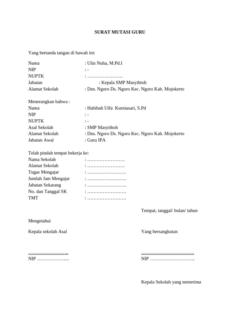 Contoh Surat Mutasi Guru Dari Kepala Sekolah Asal | PDF | Karier ...